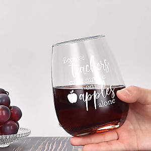 Futtumy Teacher Gifts, Because Teachers Can't Survive On Apples Alone Stemless Wine Glass for Teacher Women Thank You Appreciation Gift Birthday Christmas Thanksgiving, Funny Teacher Wine Glass 15 Oz