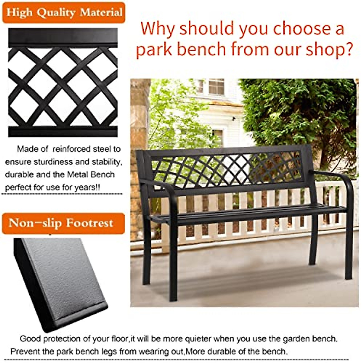 YIQIEDEY Garden Bench Outdoor Bench Patio Bench Metal Bench with Mesh Pattern, Outdoor Benches Black Park Bench Sturdy Steel Frame Furniture for Park Yard Front Porch Path Lawn Work Entryway, 400lbs
