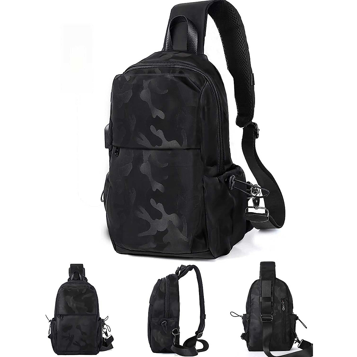 Small Black Sling Crossbody Backpack Shoulder Bag for Men Women, Lightweight One Strap Chest Backpack Sling Bag Backpack for Hiking Walking Biking Travel Cycling USB Charger Port Nylon Camouflage