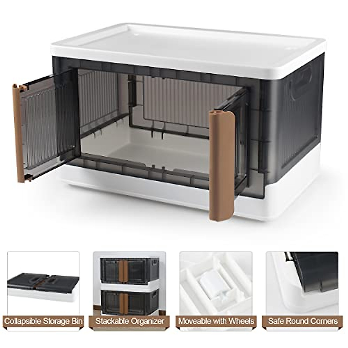 MOSFiATA Storage Bins with Lids - 8.4Gal Stackable Storage Bins, Folding Storage Box for Closet Organizer, Plastic Collapsible Storage Bins with 2 Doors & Wheels for Home Kitchen,1 Pack