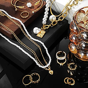 17IF 36 Pcs Gold Jewelry Set with 8 Pcs Rings, 6 Pcs Necklace, 12 Pcs Bracelet and 10 Pcs Earring Ear Cuff for Women Fashion Indie Costume Jewerly Pack for Anniversary Birthday Friendship MerryChristmas Party Gift