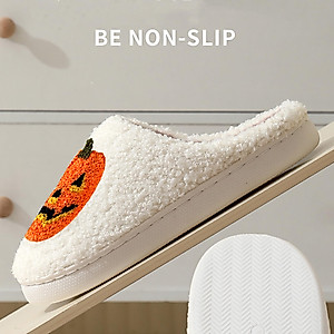 EGAEATU Halloween Slippers for Women,Soft Plush Comfy Halloween Pumpkin Slippers Slip-on Cozy Indoor Outdoor Slippers Fluffy house slippers for Women Men-White