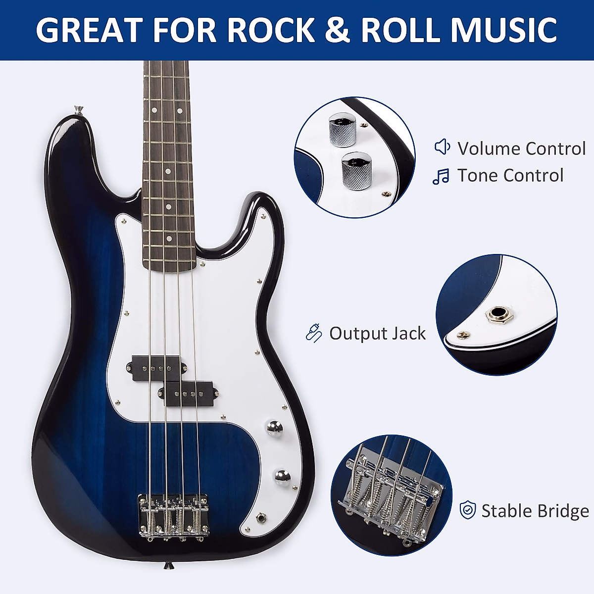 Electric Bass Guitar 4 Strings, 46 Inch Full Size Beginner Kit with 15W Amp, Gig Bag, Strap, 3 Picks for Beginner Adults Teens, Right Handed