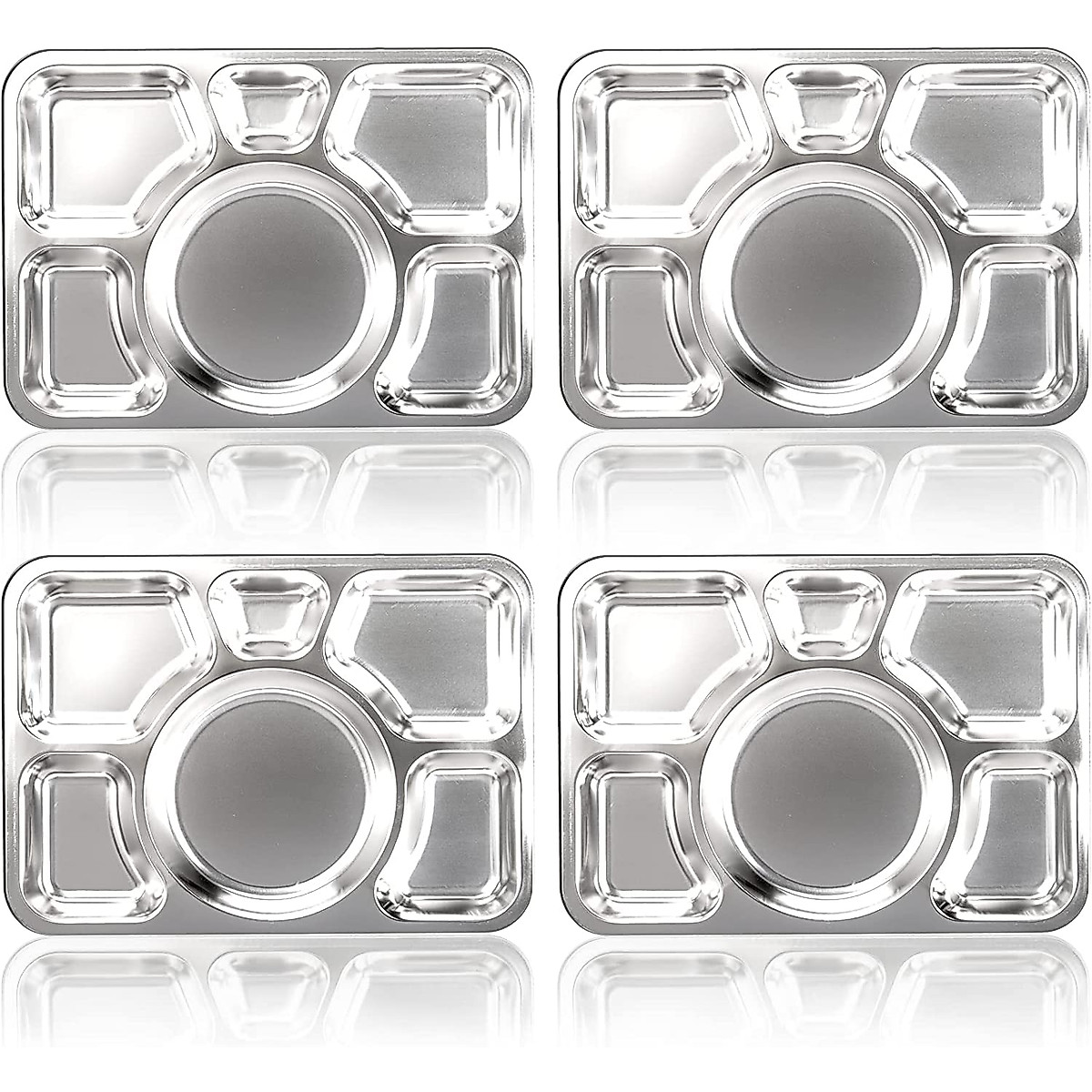 Hacaroa 4 Pack Stainless Steel Divided Dinner Plates, 15x10.6 Inches Snack Serving Plate with 6 Compartment, Metal Food Trays for Adults, Diet Food Portion Control, Picky Eaters