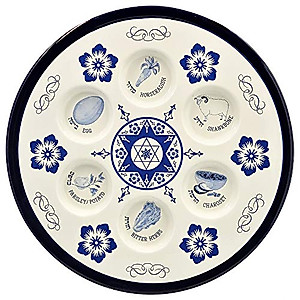 The Dreidel Company Gorgeous Ceramic Passover Seder Plate Renaissance Design Passover Plate, 12" Inch Diameter - Blue Renaissance Design