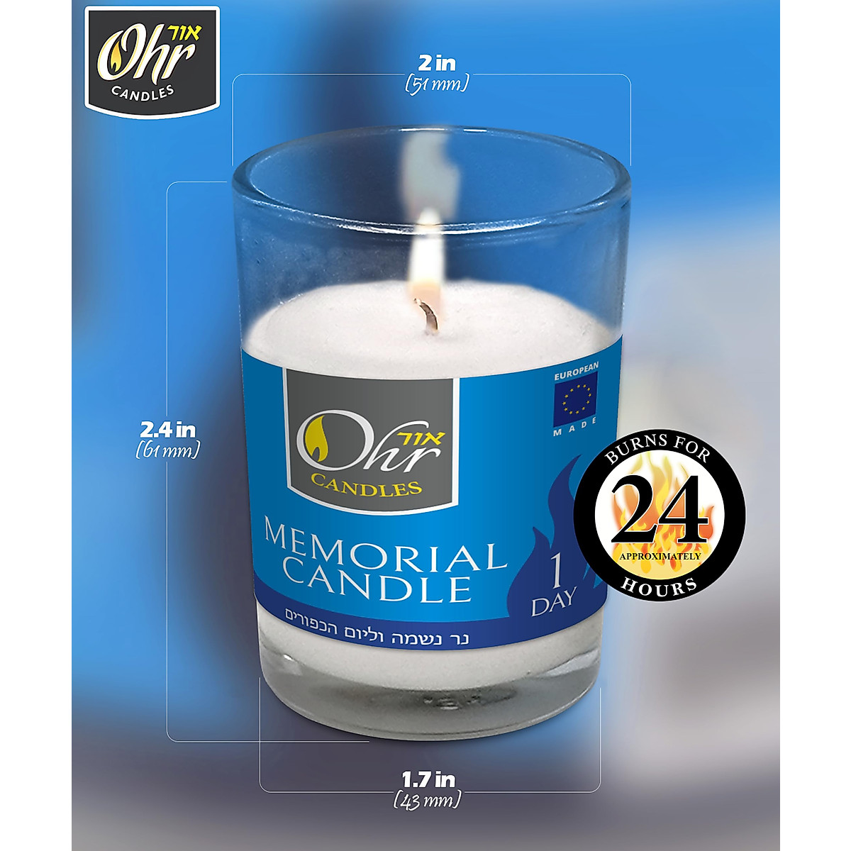 Ohr Candles Yahrzeit Memorial Candles - 1 Day Yahrzeit Candle - Yartzeit Candles 24 Hour Yom Kippur Jewish Candles in Glass Tumbler - 12 Pack