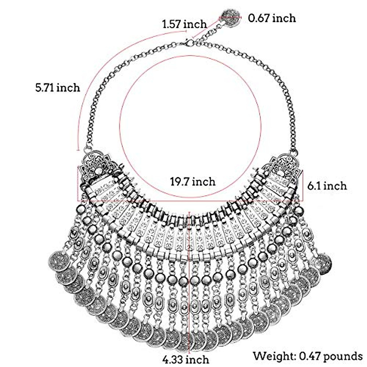 MJartoria Statement Necklace for Women, Boho Collar Choker Coin Tassel Ethnic Gypsy Chunky Necklace Antique Silver Color Bib Festival Halloween Carnival Jewelry Fitout Costume
