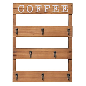EMAISON Solid Wood Coffee Mug Holder Wall Mounted, Rustic Cup Rack with 8 Hooks Large Space for Big Cups for Kitchen, Home, Coffee Bar Station (Brown)