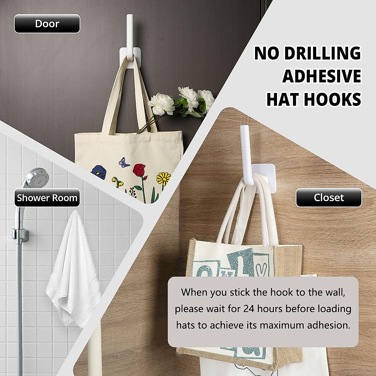 HTVRONT Hat Hooks for Wall 6PCS - Strong Adhesive Hat Rack for Wall for Baseball Caps - Hat Hangers Holder Organizer Storage Space Saving Multi-Function for Wall/Door/Closet