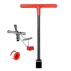 JOYTUTUS 12 Inch Multifunctional Water Meter Tool with 4-Way Key & Teflon Tape, T-Handle Valve Key