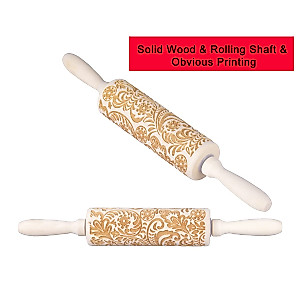 Wooden Embossing Rolling Pins with Designs for Baking, Engraved Rolling Pin with Pattern, Fondant Roller Snowflakes Christmas 3D