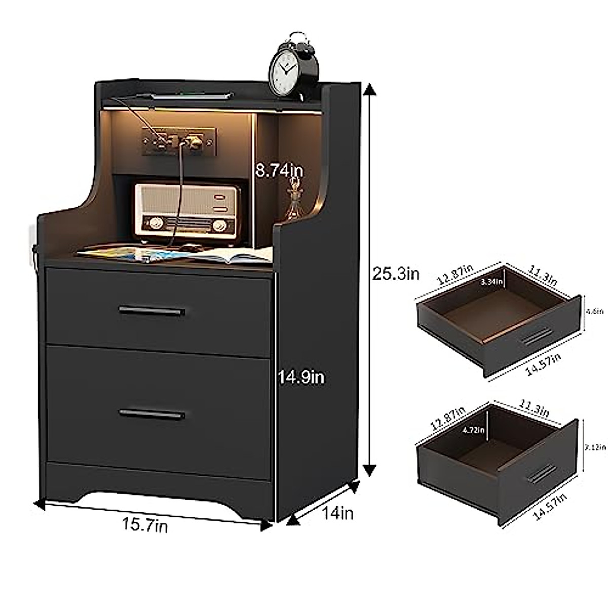 Vabches Nightstand with Charging Station & LED Lights, Black Nightstand with 2 Drawers and Open Storage, Bed Side Table Night Stand for Kids Bedroom Living Room,Small Bedside Table for Toddlers