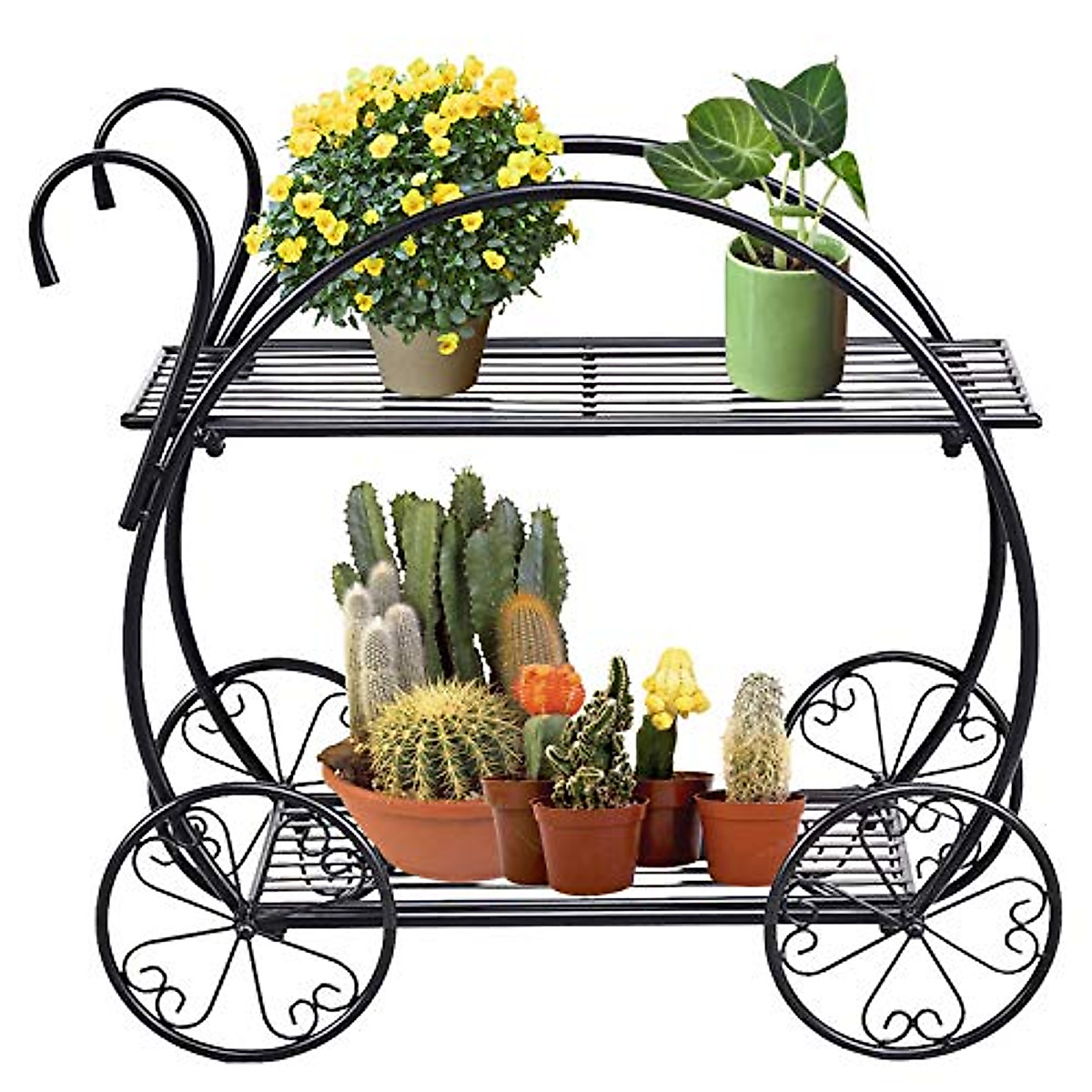 aboxoo Two-Tiered Garden Cart Metal Plant Stand, Succulent Flower Pot Holder Display Shelf for Indoor Outdoor Home Patio Garden Flower Shop, Parisian Style Plant Potted Rack(Black)