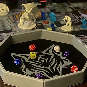 Luck Lab 11.5 Inch Dice Tray – Black and Grey - Big Octagonal Dice Tray with Luxurious Rolling Area for RPG Table Top Gaming Like D&D - Wolf Design