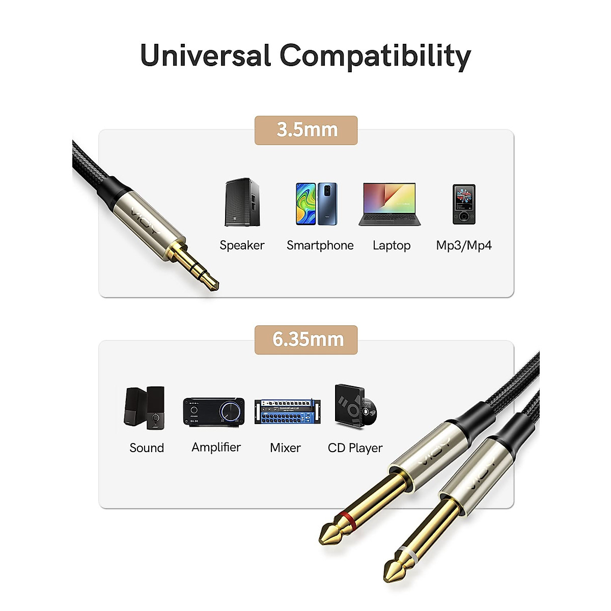 VIOY 1/8 to 1/4 Stereo Cable (6ft/2m), 3.5mm 1/8'' TRS to Dual 6.35mm 1/4" TS Mono with Brass Plating Housing Braided Audio Breakout Cable for Phones, Amp, Mixer, CD Players, Home Stereo Systems……