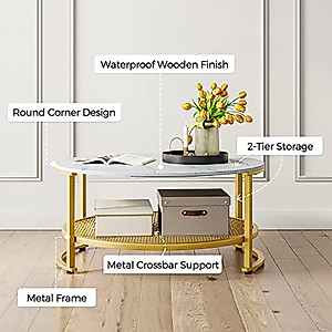 LINSY HOME Round Coffee Table for Living Room, Modern Coffee Table with Open Storage，Wood Surface Top & Sturdy Metal Legs Large Circle Coffee Table for Stylish Design Home，White and Gold