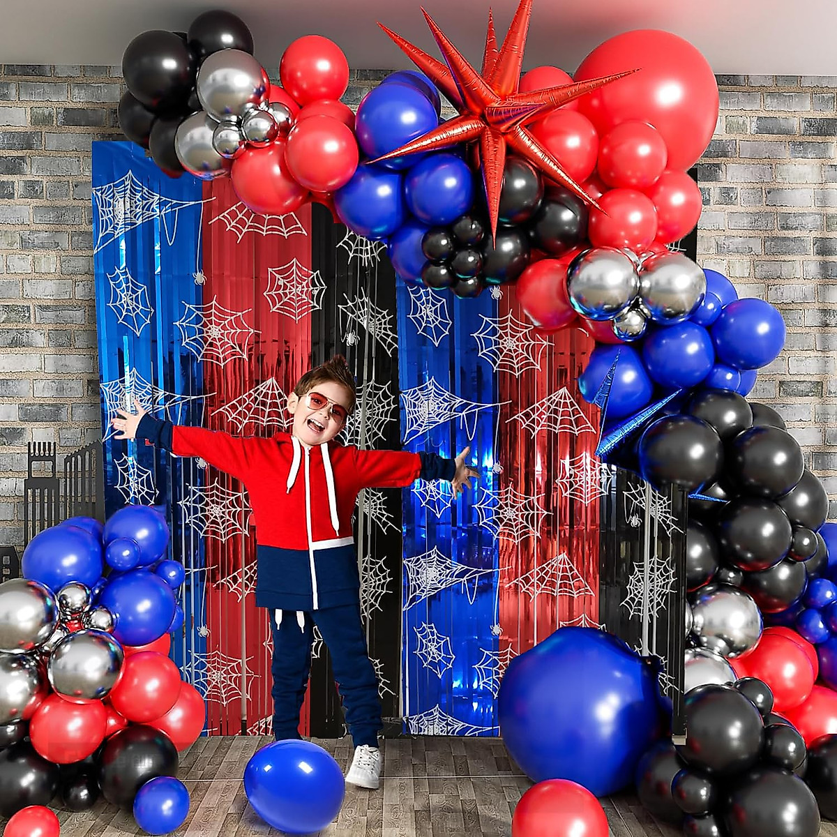 Spider Web Birthday Decorations Backdrop 2 Pack Spider Party Supplies Red Blue and Black Halloween Tinsel Foil Fringe Curtains Party Streamers Background for Boys Spider Theme Party Decorations