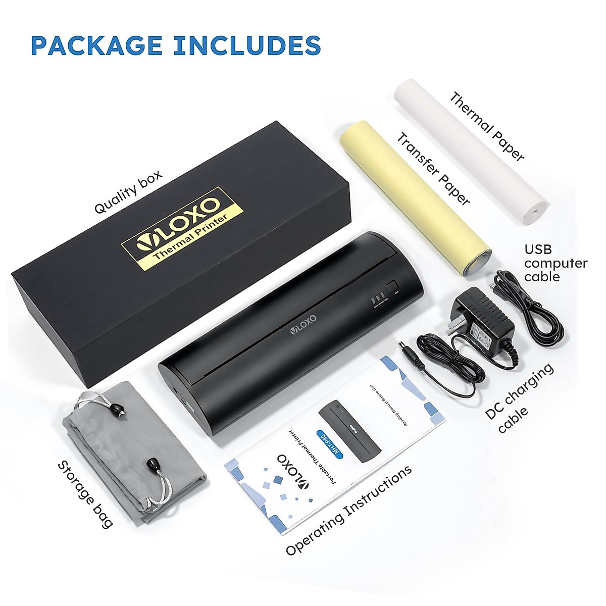 VLOXO Portable Printer, Cordless Thermal Printer Mini Inkless Printer Compatible with Phone & PC Tattoo Stencil Printer for Travel, Home, Office, with Thermal Paper and 10pcs Transfer Paper