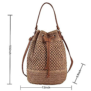 WIGUYUN Women Straw Drawstring Bucket Purse Small Tote Shoulder Handbag Hollow Out Cross-body Bag for Summer,Beach Light Brown