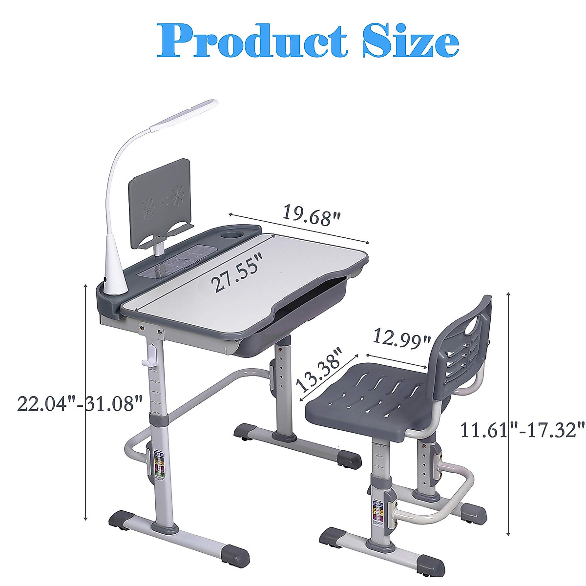 SMAGREHO Kids' Desk and Chair Set, Height Adjustable Child's School Study Writing Tables with Tilt Desktop, LED Light, Storage Drawer, Book Stand(Grey)