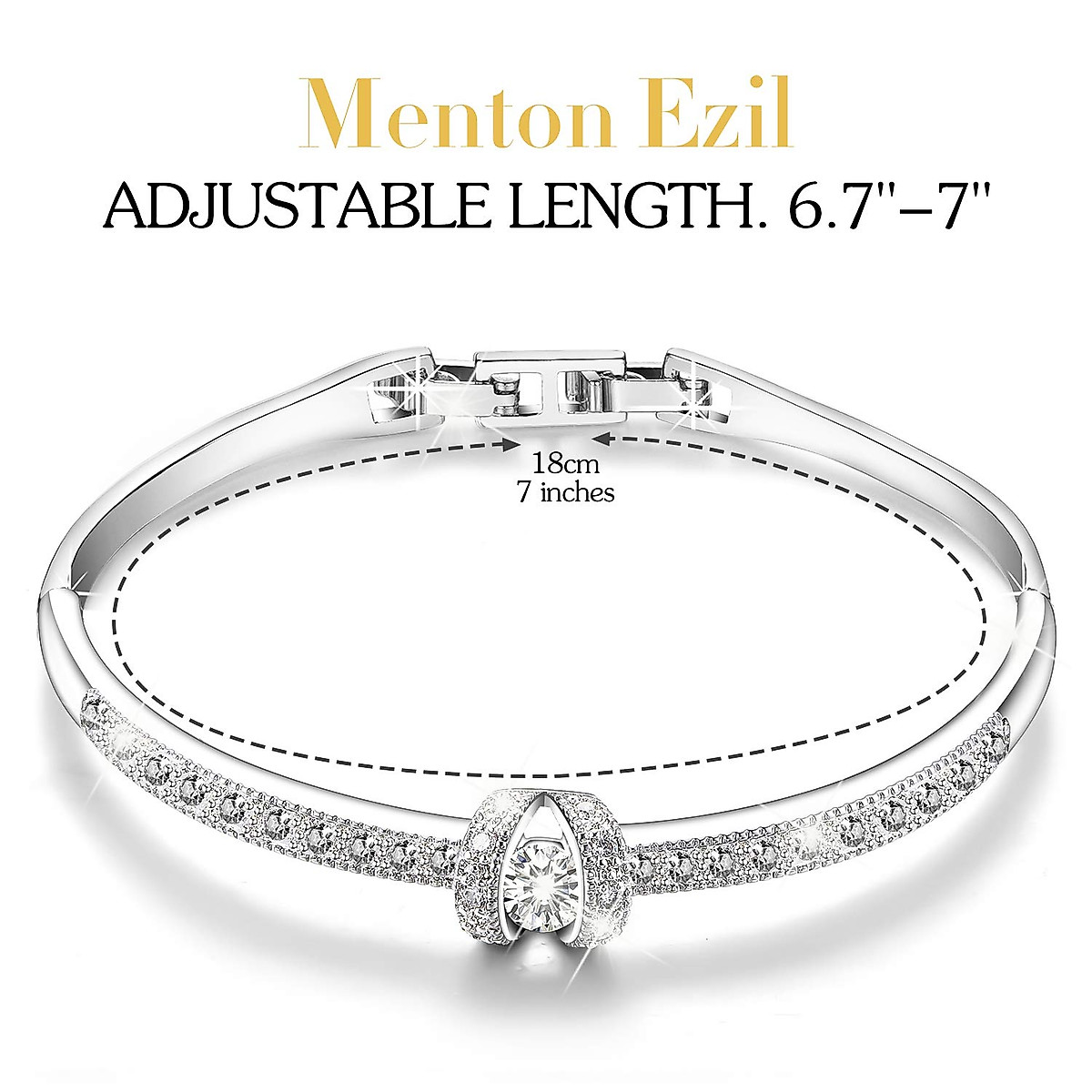 Menton Ezil Fasion Jewelry Princess Bangle Bracelets For Women 18K Gold Plating Adjustable Bracelets With Crystal For Wife Girlfriend Or Mothers Idea Gift For Mother's day(Silver)