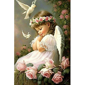 RMSGOZO 5D Pink Rose White Angel Girl Diamond Painting Kits - Garden Oil Painting Full Circle Gemstone Crystal Cross Stitch Kit for Adults, Gifts for Home Decor & Living Room Decor (12 X 16 Inch)