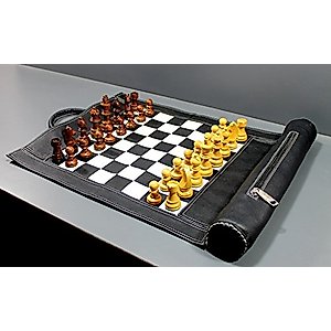 StonKraft - 19" x 15" (Playing Area 12" x 12") Genuine Roll-Up Leather Chess Set - with Wooden Chess Pieces - Black Colour | Comes with Innovative Carry Pouch