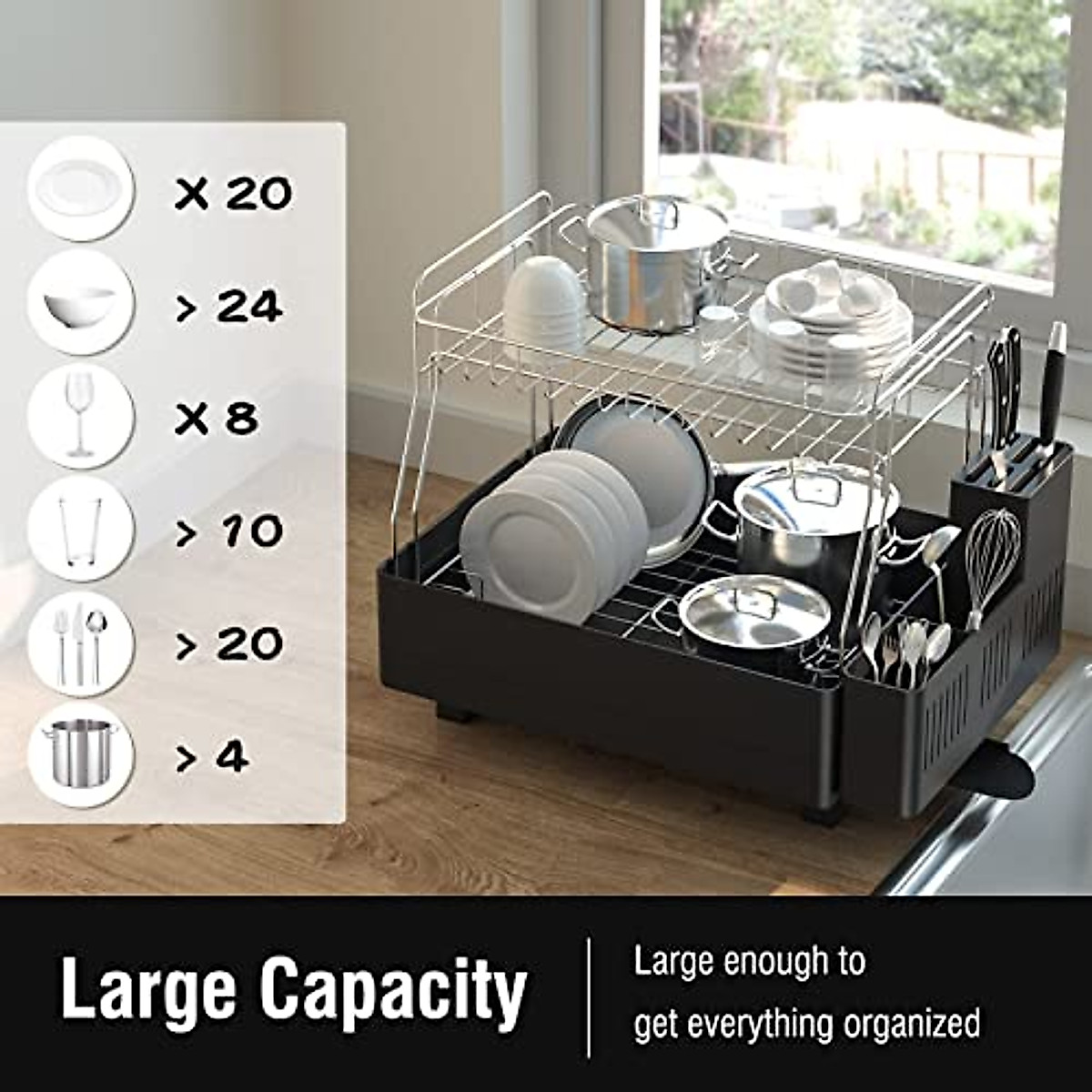 Klvied Dish Rack with Swivel Spout, 2 Tier Drying Rack for Kitchen Counter, Large Dish Drying Rack with Drainboard, Dish Strainers for Kitchen Counter, 304 Stainless Steel Dish Drying Rack, Black