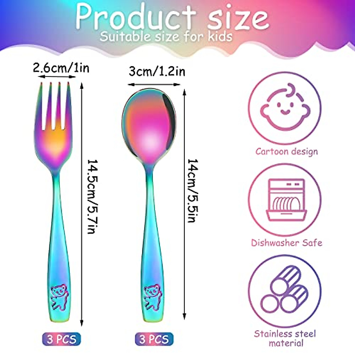 12 Pieces Kids Rainbow Silverware Stainless Steel Kids Utensils Forks and Spoons, Metal Toddler Cutlery Set Childrens Safe Flatware Sets for LunchBox, Dishwasher Safe