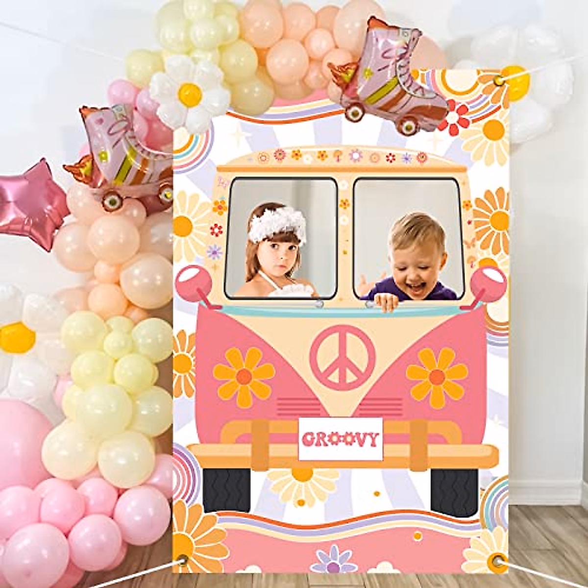 Hippie Photo Booth Props, Hippie Bus Prop Groovy Bus Photo Booth for 60'S 70'S Party, Hippie Party Decorations, Daisy Bus Photo Prop Two Groovy Birthday Decor, Groovy Photo Booth Frame - 59 × 39.4 in
