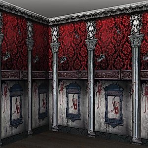 6Pcs Halloween Gothic Mansion Backdrop Decoration, Plastic Halloween Gothic Mansion Room Scene Setters Photography Background Wallpapers for Halloween Haunted House Party Decoration, 54×108 inches