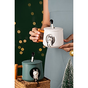 DIHOclub Ceramic Coffee Mug with Lid and Matching Spoon,Novelty 3D Husky Pattern Mug for Tea Milk Chocolate Juice,Cute Cup for Dog Lovers,Perfect Gifts-14 Ounces (green)
