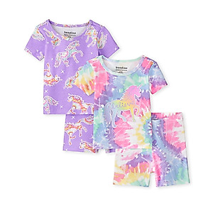 The Children's Place Baby Girls' and Toddler Snug Fit 100% Cotton Sleeve Top and Shorts 4 Piece Pajama Set, Lavendar Tie Dye, 4T