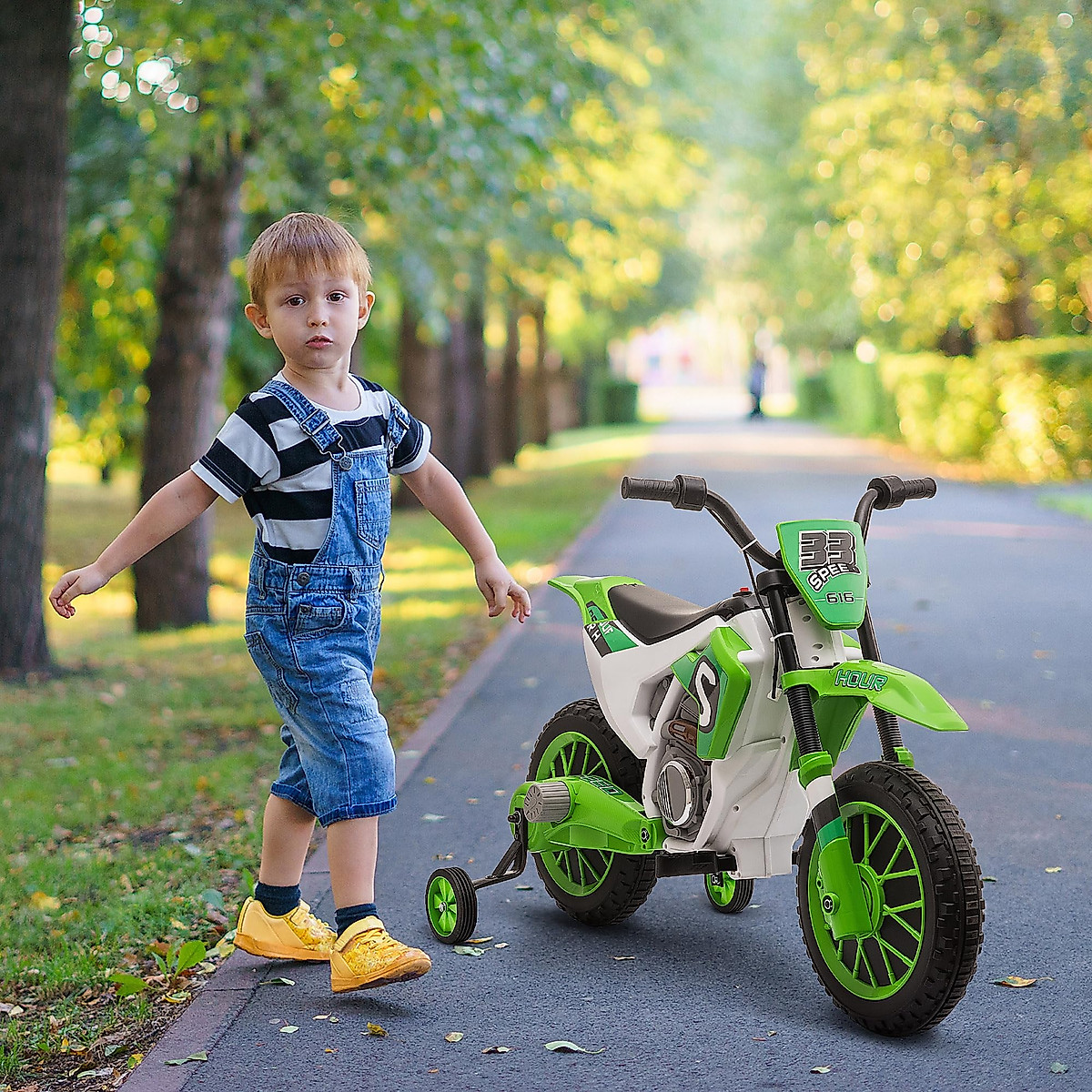 Aosom 12V Kids Motorcycle, Electric Motor Bike, Battery-Powered Ride-On Toy with Charging Battery, Training Wheels, Green