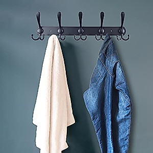 VASGOR 2pcs Heavy Duty Wall Mount Coat Hook, Stainless Steel Rack of 5 Tri Hooks for Coats, Towels, Purse Robes Keys and Hats Multi Purpose for Kitchen, Bedroom, Bathroom, Entryway (Black)