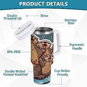 Exnundod 40 oz Tumbler with Handle Cheerful Sea Otters Insulated Stainless Steel Cup with Lid and Straw Travel Cup Leak-proof Fits in Car Cup Holder for Iced & Hot