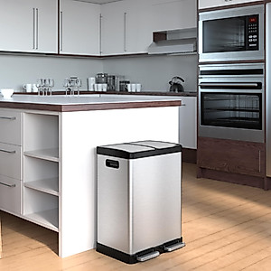 iTouchless SoftStep 16 Gal Step Trash Can & Recycle Bin with Double Odor Control Systems, Stainless Steel, 2 x 8 Gallon (30L) Removable Color-Coded Buckets, Soft Close and Airtight Seal