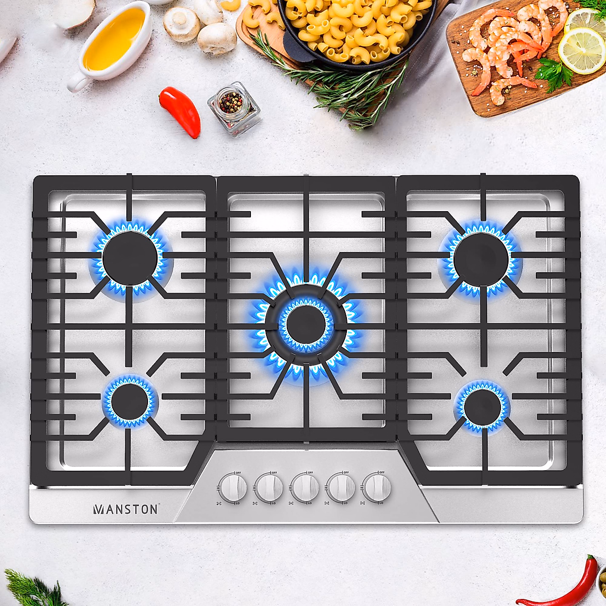 30 Inch Built-in Gas Cooktop,5 Italy SABAF Sealed Burners Gas Rangetop 41,800BTU, NG/LPG Convertible, Penta Burner Stainless Steel Gas Stovetop with Thermocouple Protection,120V AC. (30 inch)