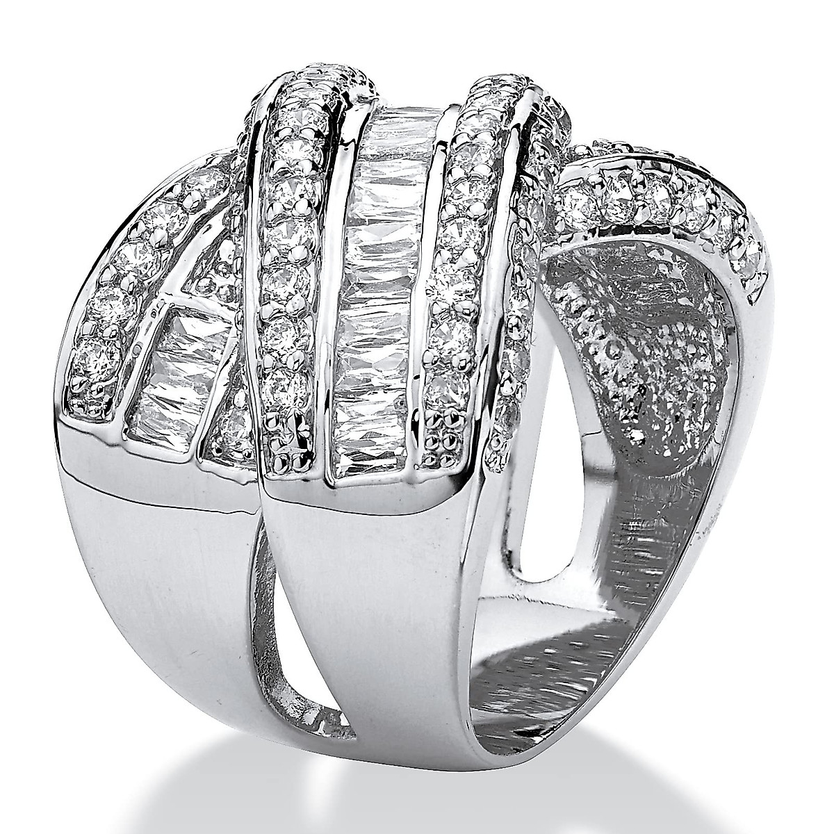 PalmBeach Platinum-Plated Baguette Cubic Zirconia Crossover Ring Sizes 6-10 Size 10