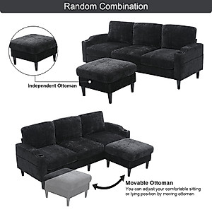XUWANSHANG 77.36" Modular Sectional Sofa Couch, Chenille Fabric L Shaped Sectional Couches 3 Seater Couches with Storage Ottoman Cup Holders Side Pockets for Small Spaces Living Room Office, Black