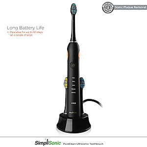SimpliSonic Ultrasonic Rechargeable Electric Toothbrush Premium Package w/ 12 Heads (Black)