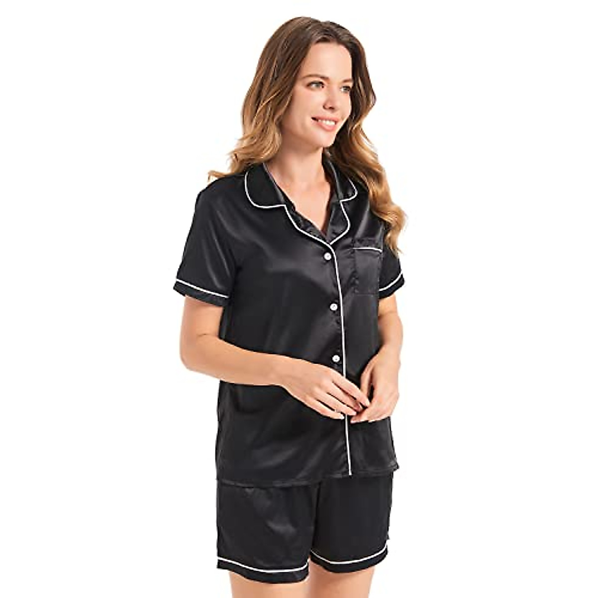 JULGIRL Women's Silk Satin Pajamas Short Sleeve Shorts Loungewear Two-Piece Button-Down Pj Set (X-Large, Black)