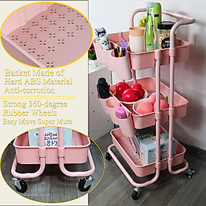 Piowio 3 Tier Utility Storage Cart Rolling Cart Organizer Shelf with 6PCS Hanging Cups for Home Kitchen Office Storage (Pink)