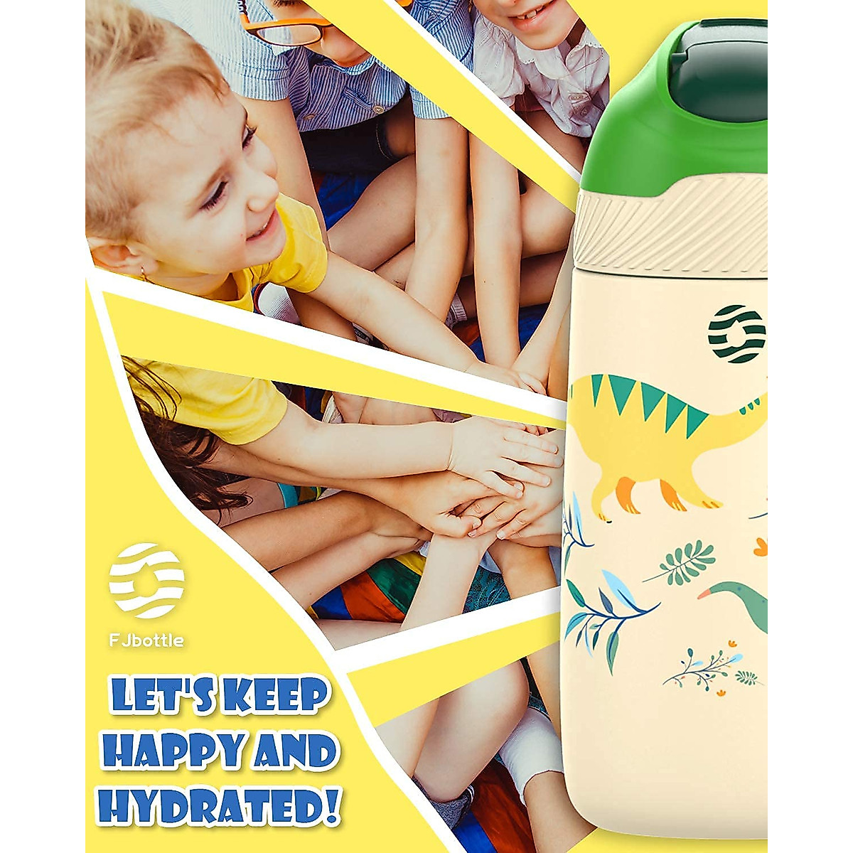 FJ bottle FJ bottle 13 oz Patent Design Insulated Kids Water Bottle with Straw Lid and Silicone Protective Cover, AirFree Vent Technology Care for Kids, BPA Free, Multiple Colors (Wild Dinosaur/12 oz)