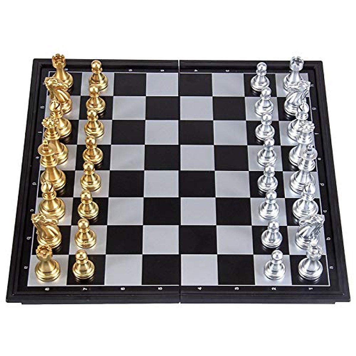 AMEROUS 10'' Magetic Travel Chess Set, Plastic Portable Folding Chess Board Game with Gold and Silver Chess Pieces - 2 Extra Queens - Storage Bag for Chessmen, Chess for Beginner, Kids, Adults