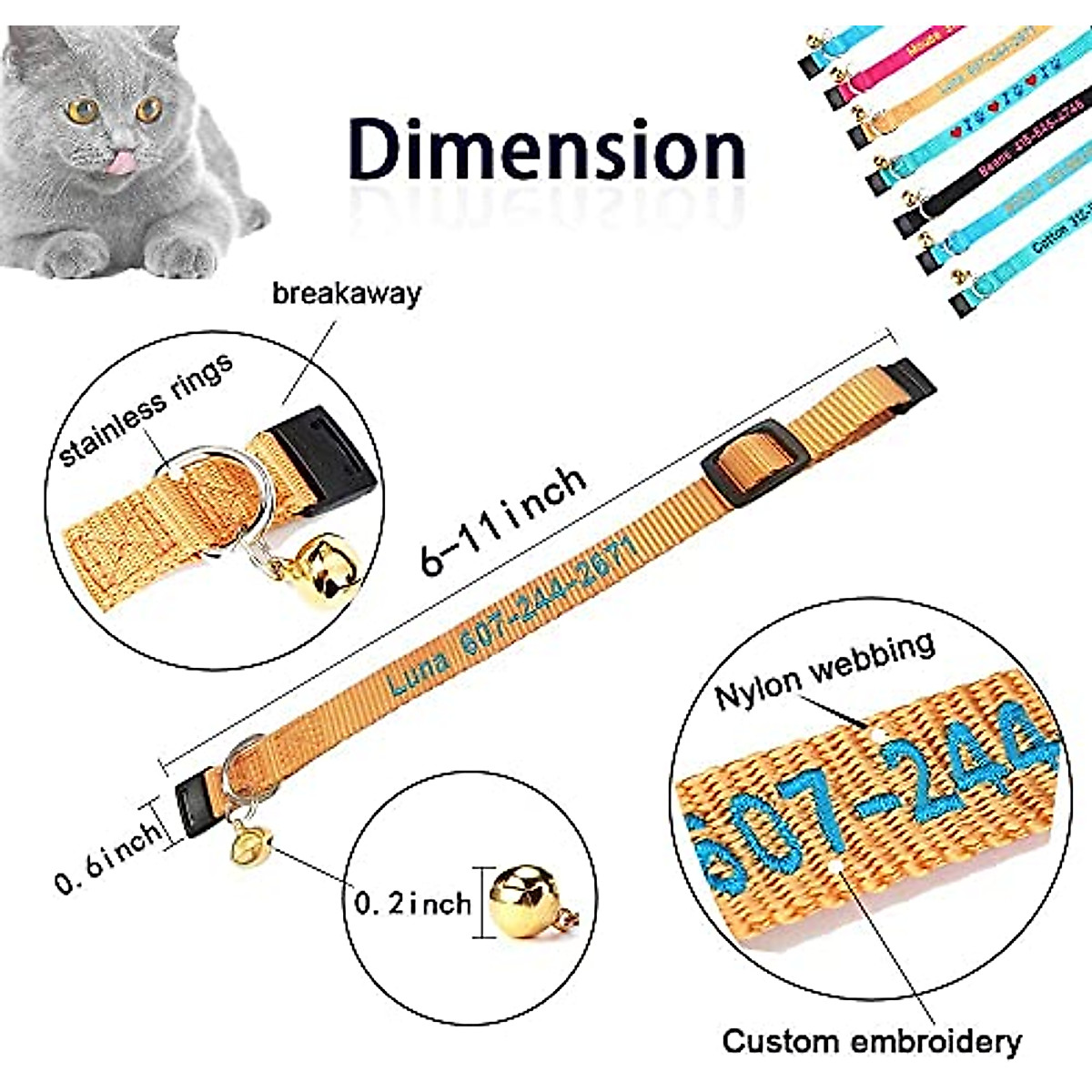 Personalized Cat Collar with Bell,Custom Cat Collars with Name and Phone Number Adjustable Nylon Embroidered ID Collar for Cat with Breakaway Safety Release Buckle