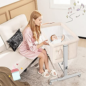 BABY JOY Bassinet Bedside Sleeper, 3 in 1 Folding Crib w/Adjustable Height, Mattress, Lockable Wheels, Storage Pocket & Carry Bag for Infant Newborn, Stationary & Rock, Portable Baby Bassinet (Beige)