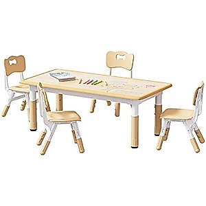 Brelley Kids Table and 4 Chairs Set, Height Adjustable Toddler Table and Chair Set, Graffiti Desktop, Non-Slip Legs, Max 300lbs, Children Multi-Activity Table for Ages 2-10