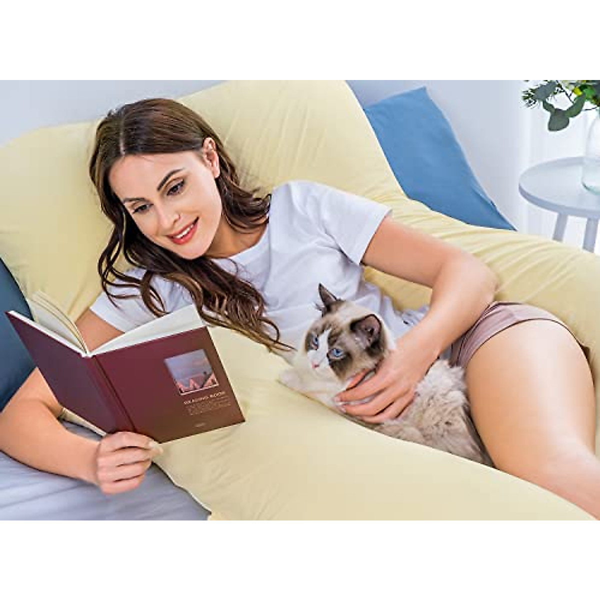 AngQi Pregnant Pillows for Sleeping, Pregnancy Belly Pillow with Cooling Cotton Cover - Support for Back, Hips, Legs, Belly for Pregnant Women Sleeping - Yellow Cream