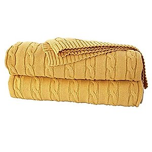 ULUDAG TRIKO Knitted Throw Blankets for Home - 100% Cotton Textured Soft Cozy Warm Decorative Blanket for Home Couch Sofa Bed Chair Cover Living Bed Room, Machine Washable 50"x 60" (Yellow, 60"X80")